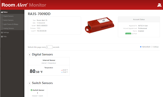Room Alert 3S-Server monitoring temperature, humidity, current.Atlas ...
